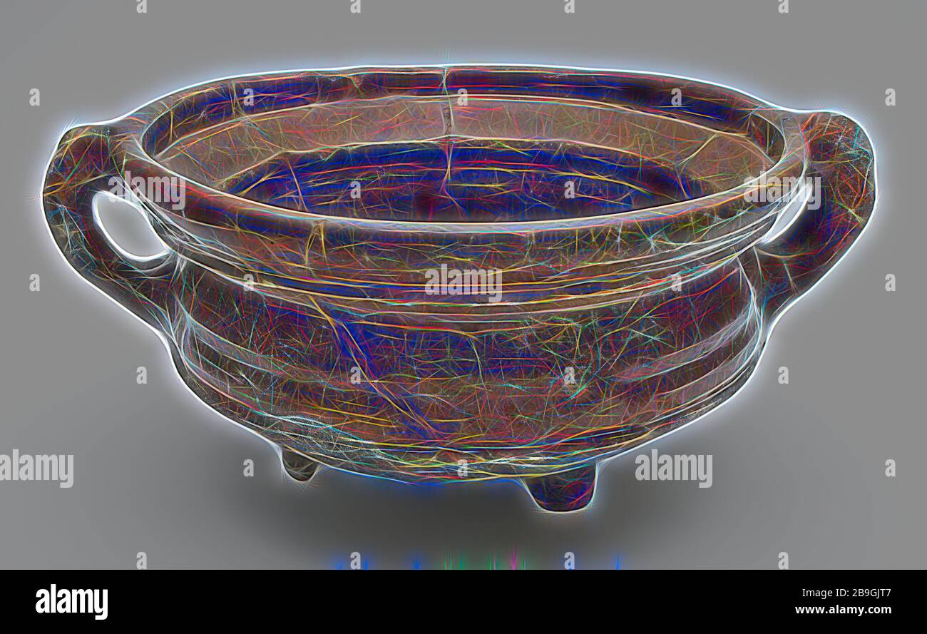 Pottery cooking pot on three legs, wide top edge, two standing ears ...