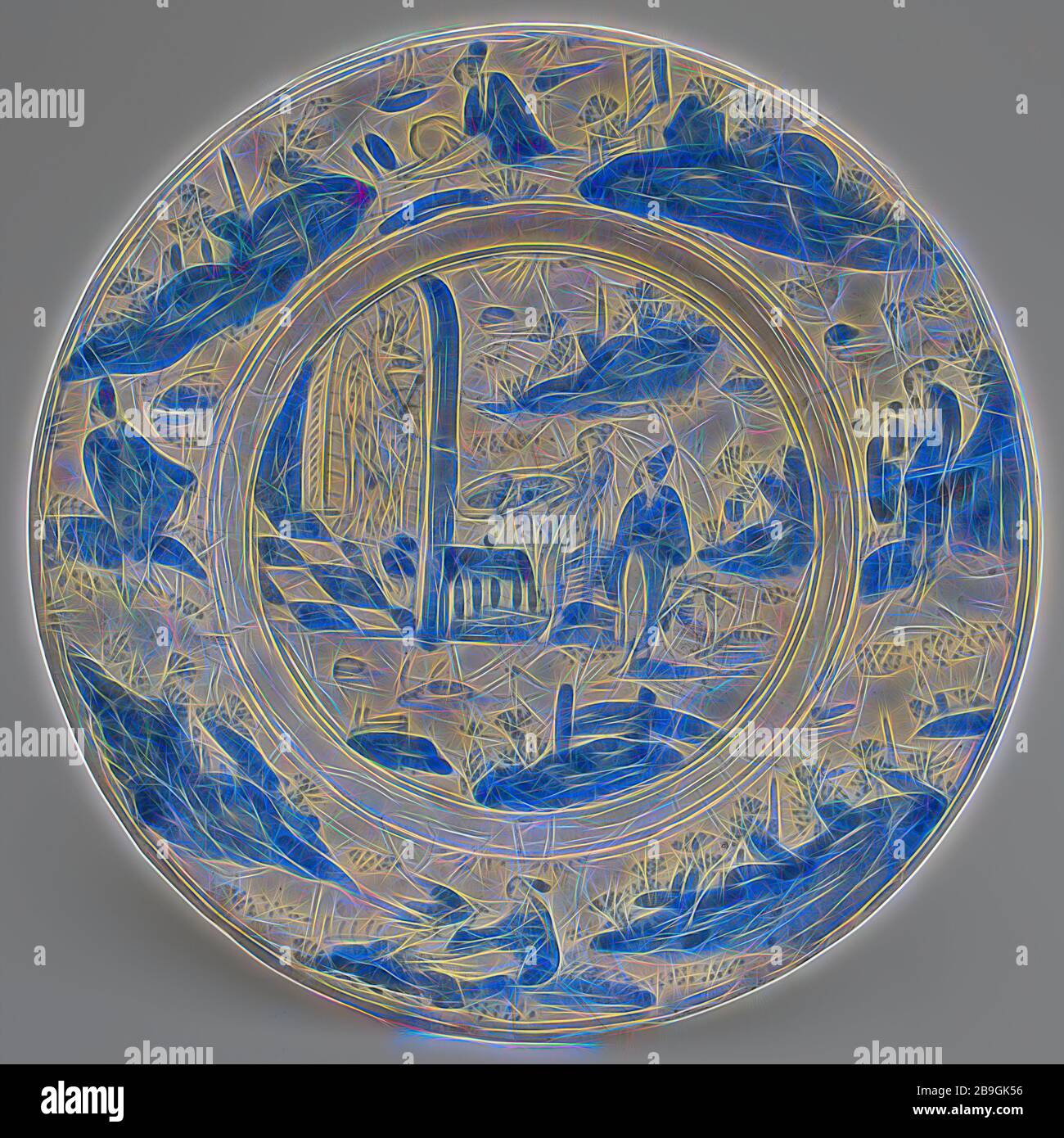 Faience plate with blue decor, Chinese figures in the mirror and on the ...