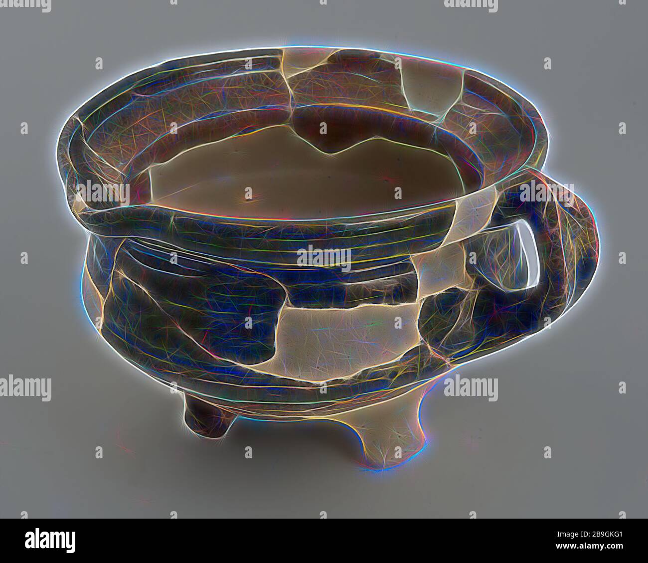 Pottery cooking jug on three legs, wide neck opening, white shard, with ...