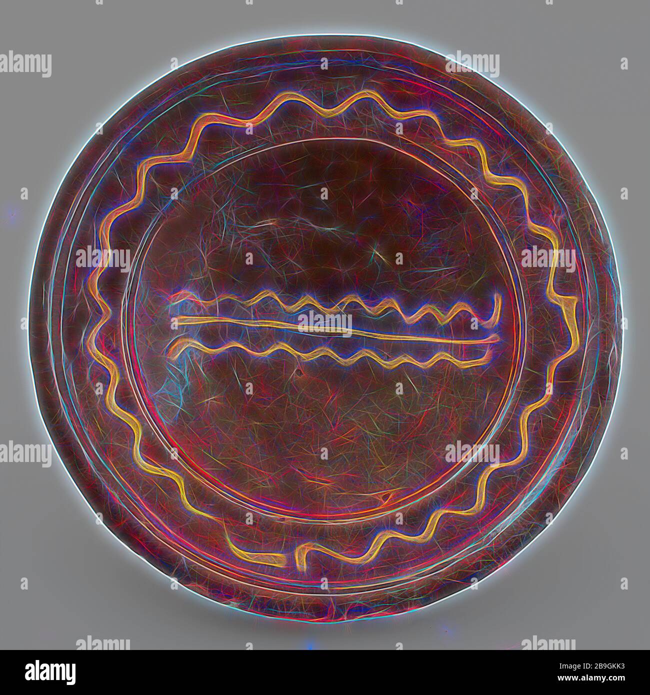 Earthenware dish on stand ring, yellow sludge decoration in mirror and ...