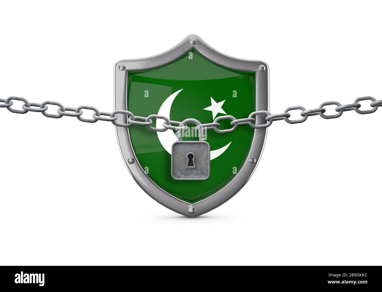 Pakistan lockdown concept. Shield with lock and chain. 3D Render Stock ...