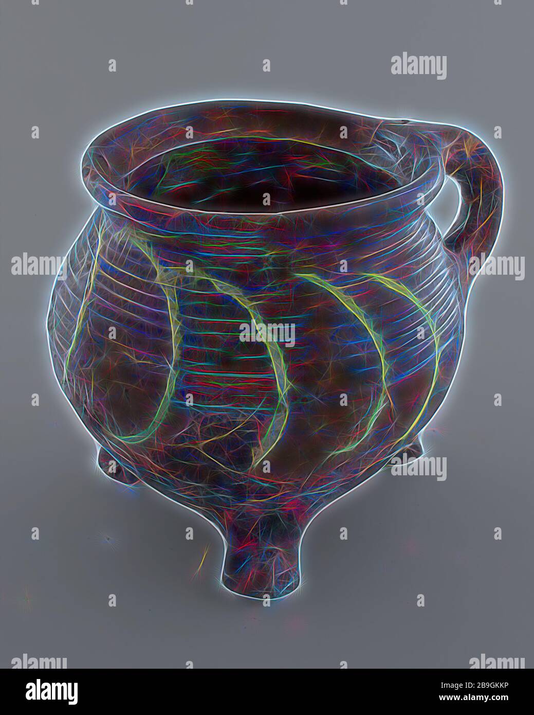 Pottery cooker on three legs, sausage ear, yellow sludge decoration on ...