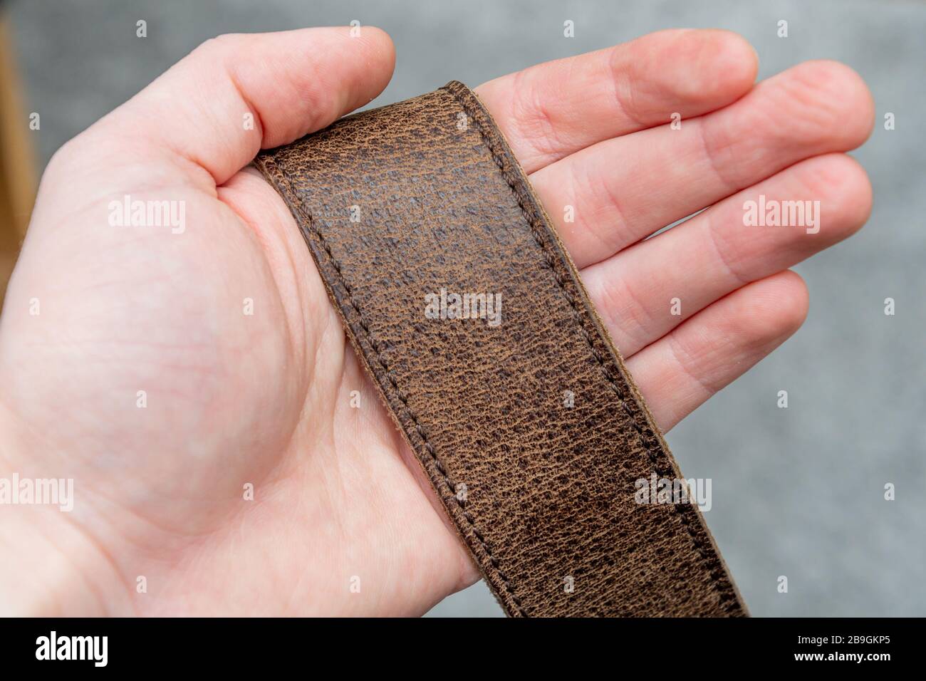 Holding natural cow leather strap on hand dark brown color Stock Photo ...