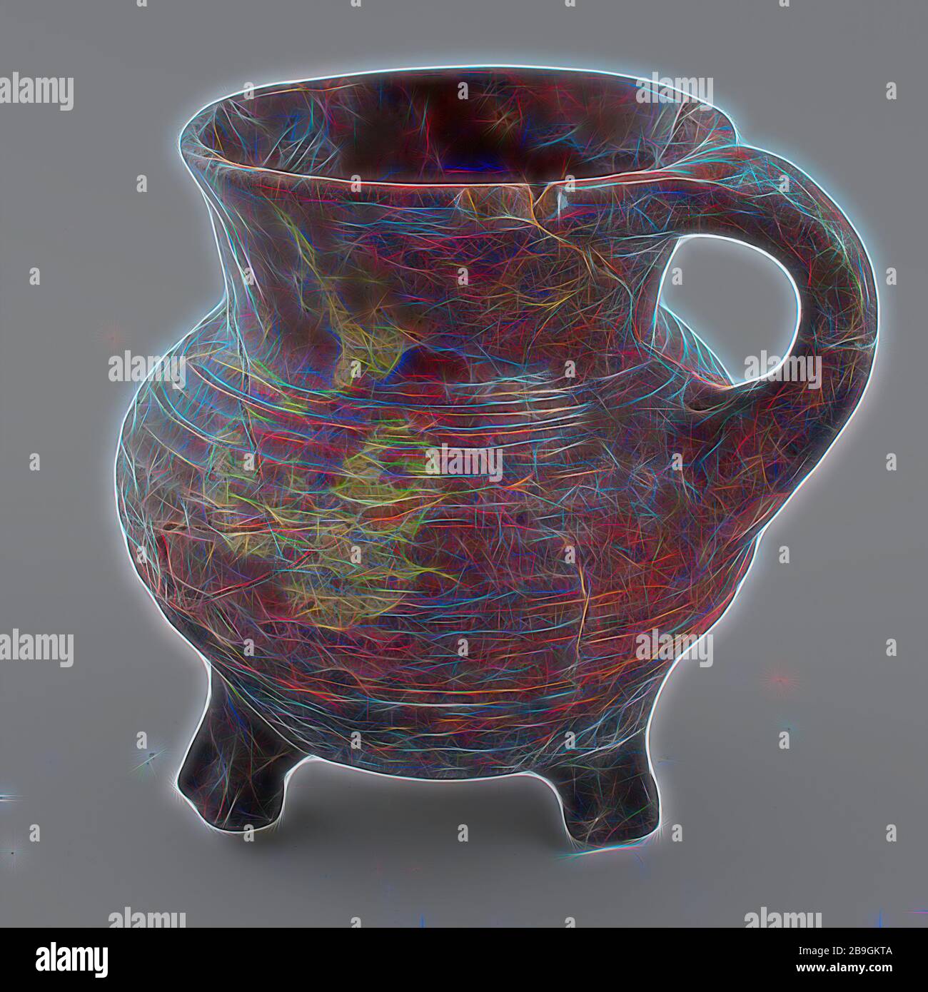 Pottery cooking jug on three legs, sludge decoration on the shoulder ...