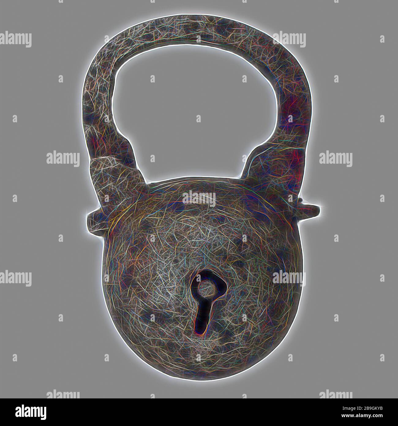 Iron ball lock, convex body with keyhole and arcuate hinged hook ...