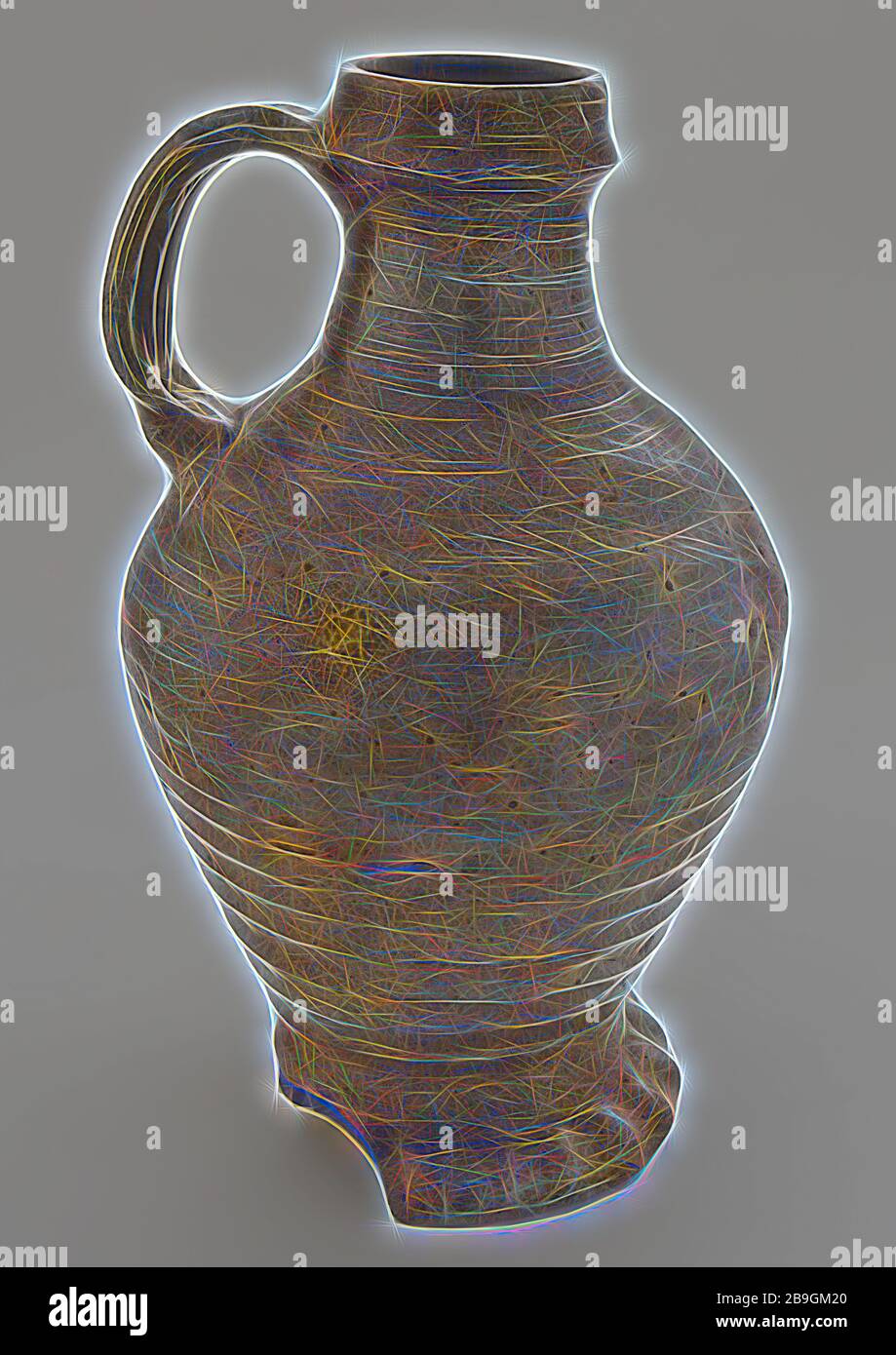 Light brown-gray stoneware jug with pinched foot, ledge around neck ...