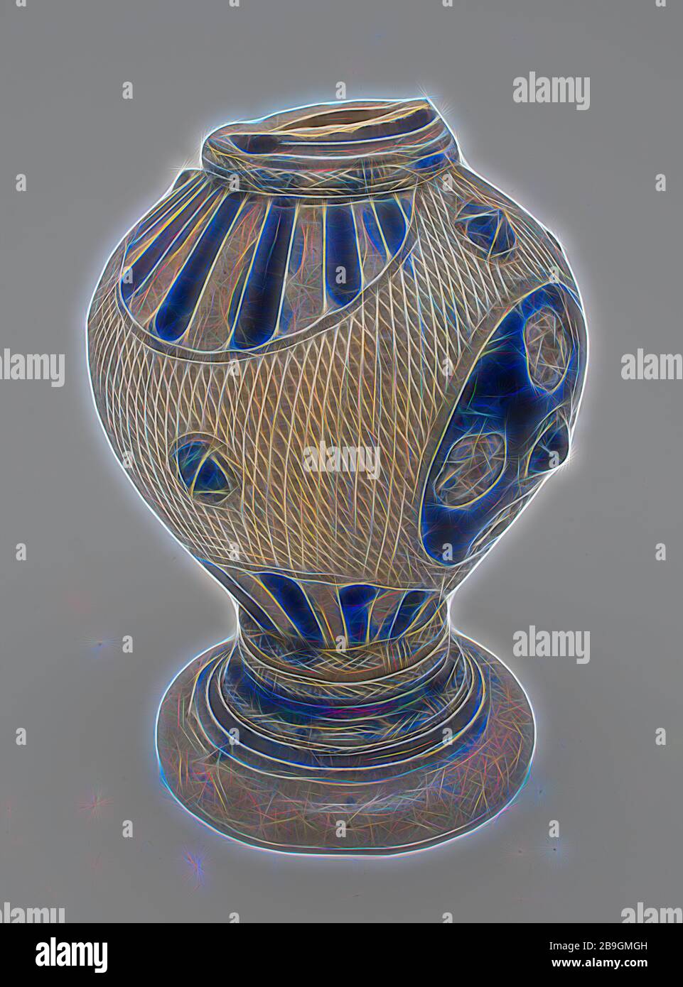 Stoneware funnel cup or jug with kerfsnedecor and two blue rosettes ...