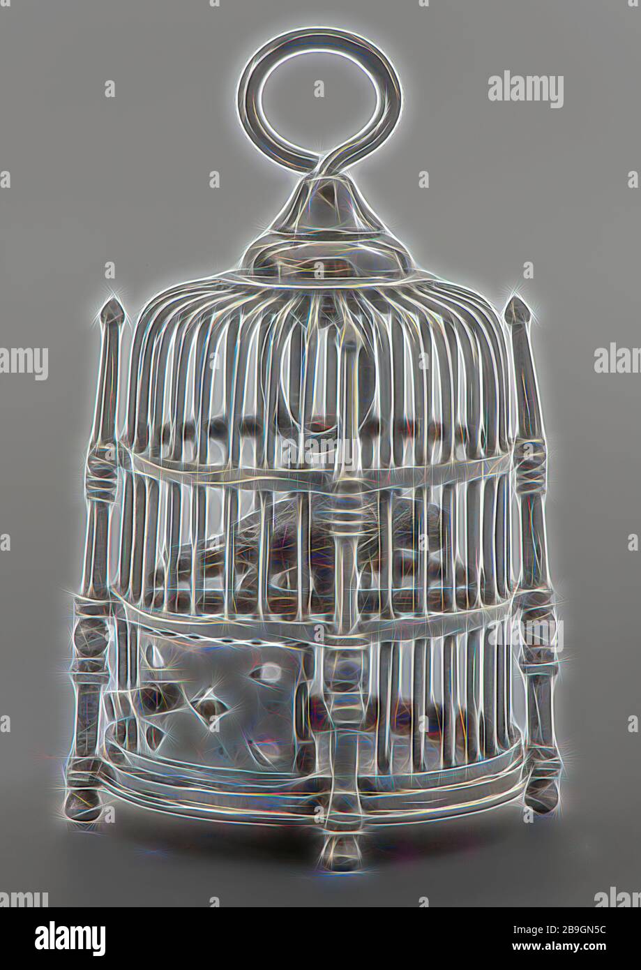 Silversmith: Arnoldus van Geffen, Silver miniature bird cage with bird ...