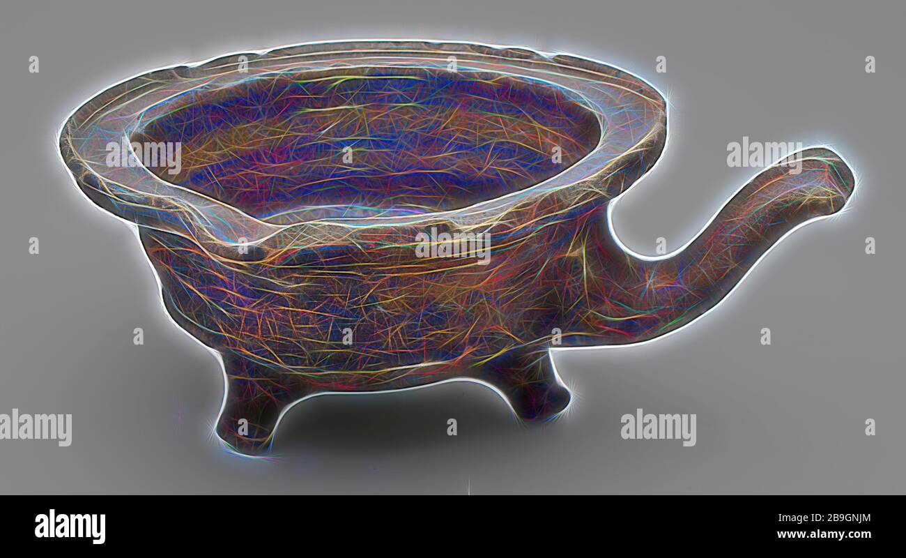 Pottery saucepan with wide edge with clip and curled up handle ...