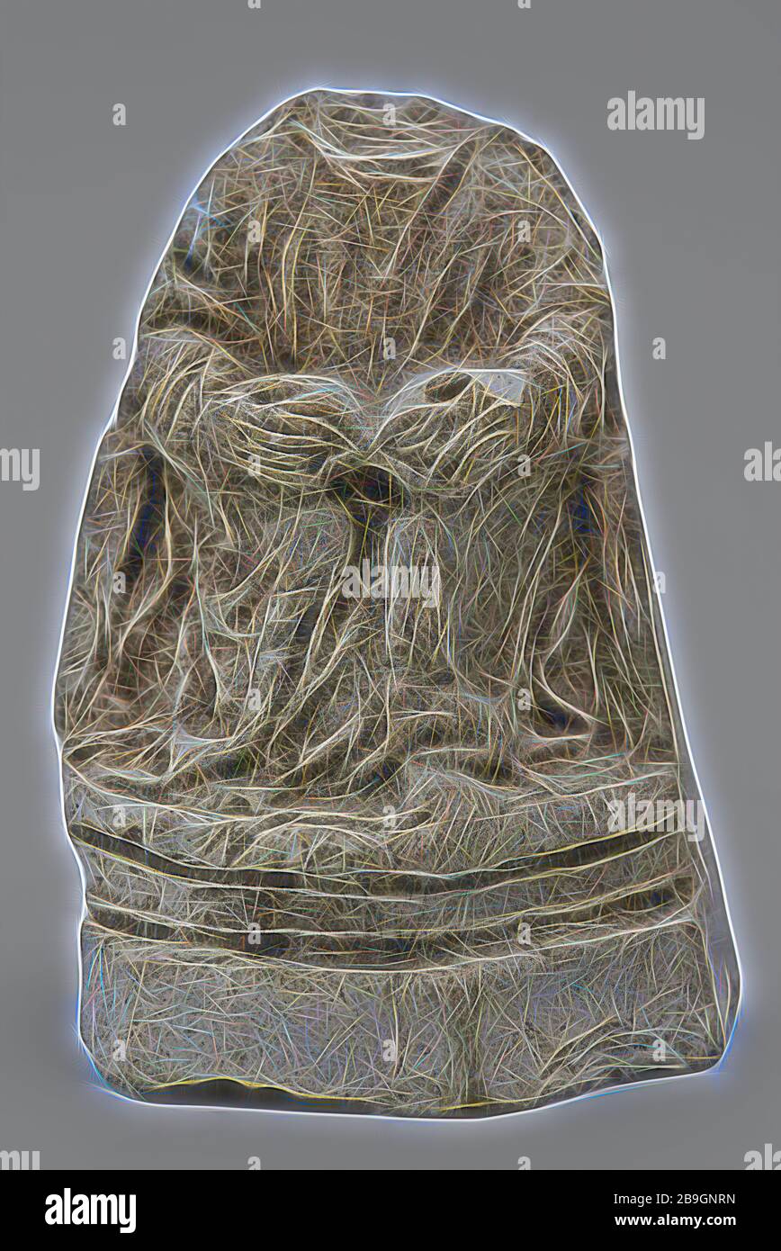 Pipe-shaped statue, figure in long cloak, seated on chair, with book on ...