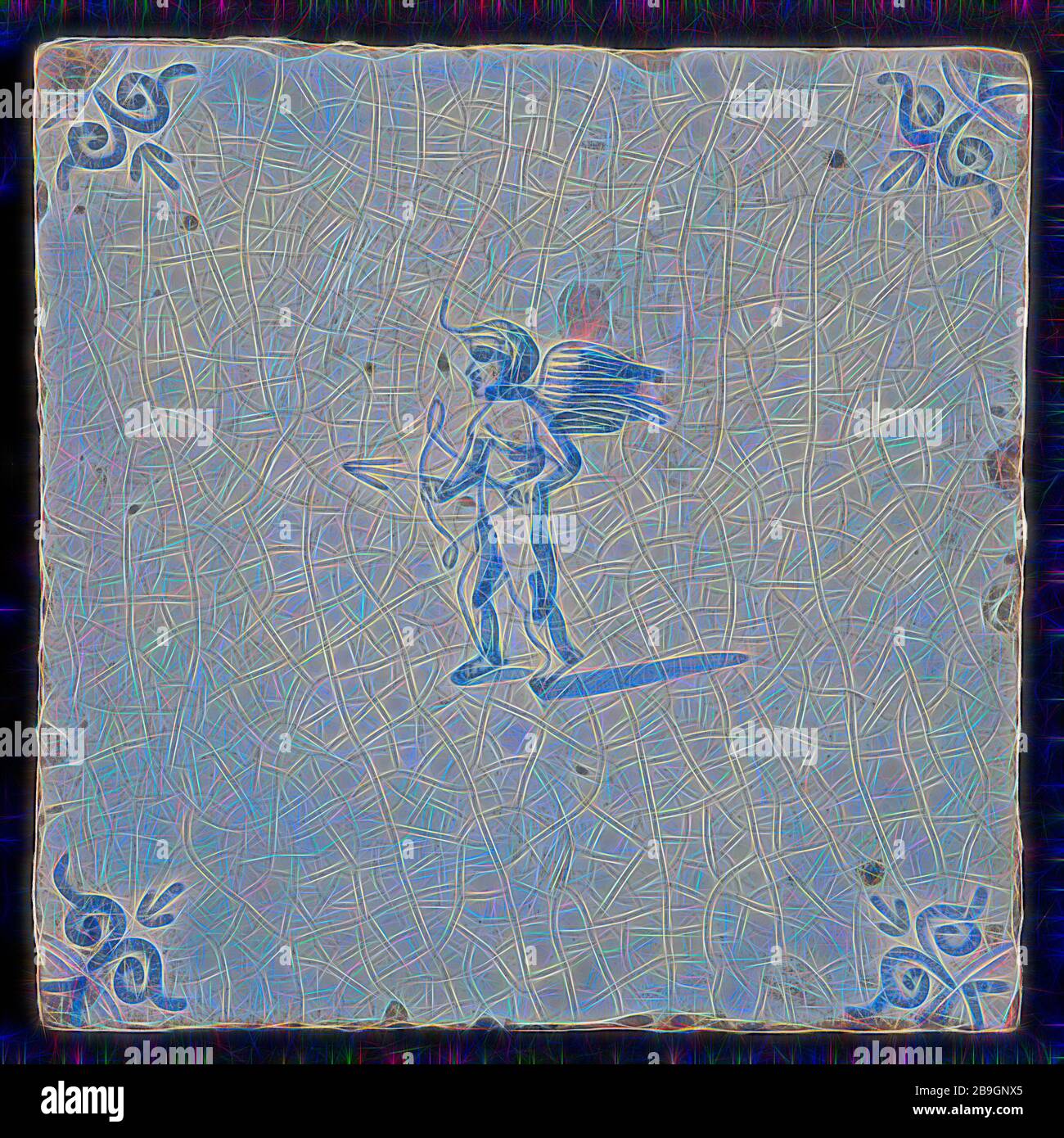 White tile with blue cupid with bow and arrow; corner pattern ox head ...