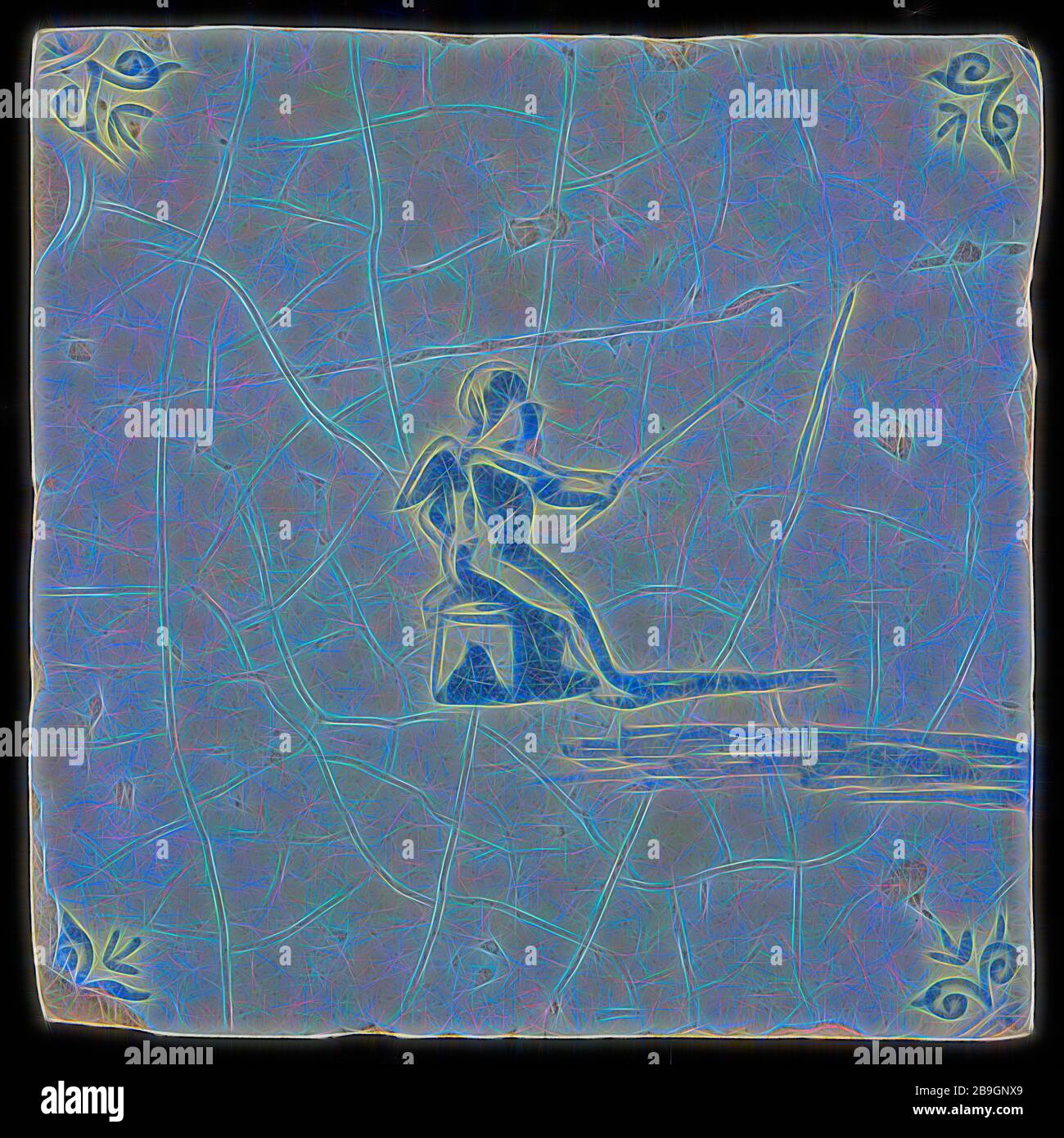 White tile with blue fishing putto; corner pattern ox head, wall tile ...