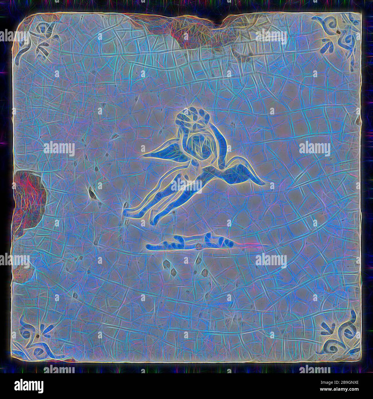 White tile with blue flying putto with laurel wreath, ox-head in the ...