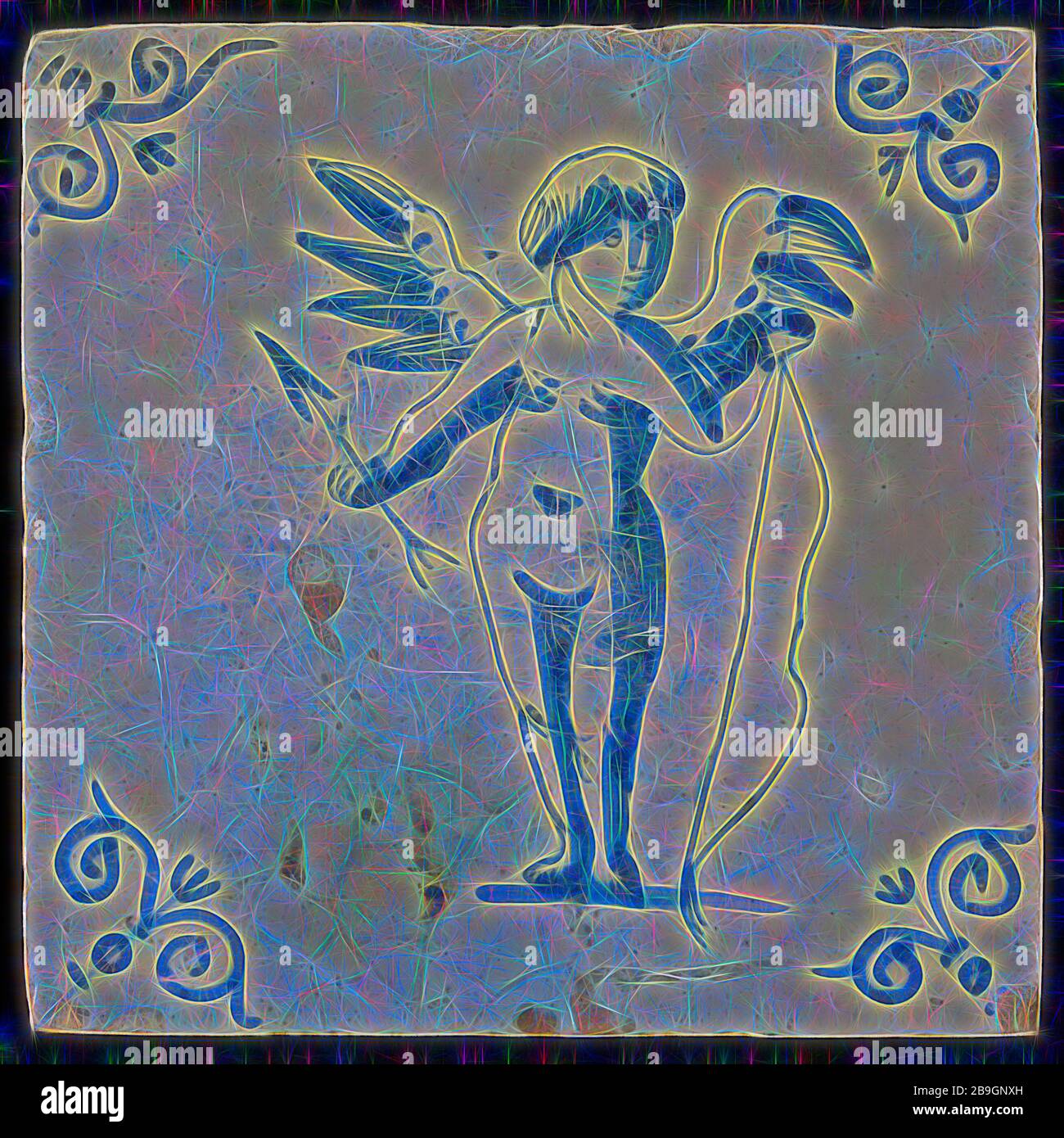 White tile with blue standing cupid with bow and arrow, ox-head in the ...