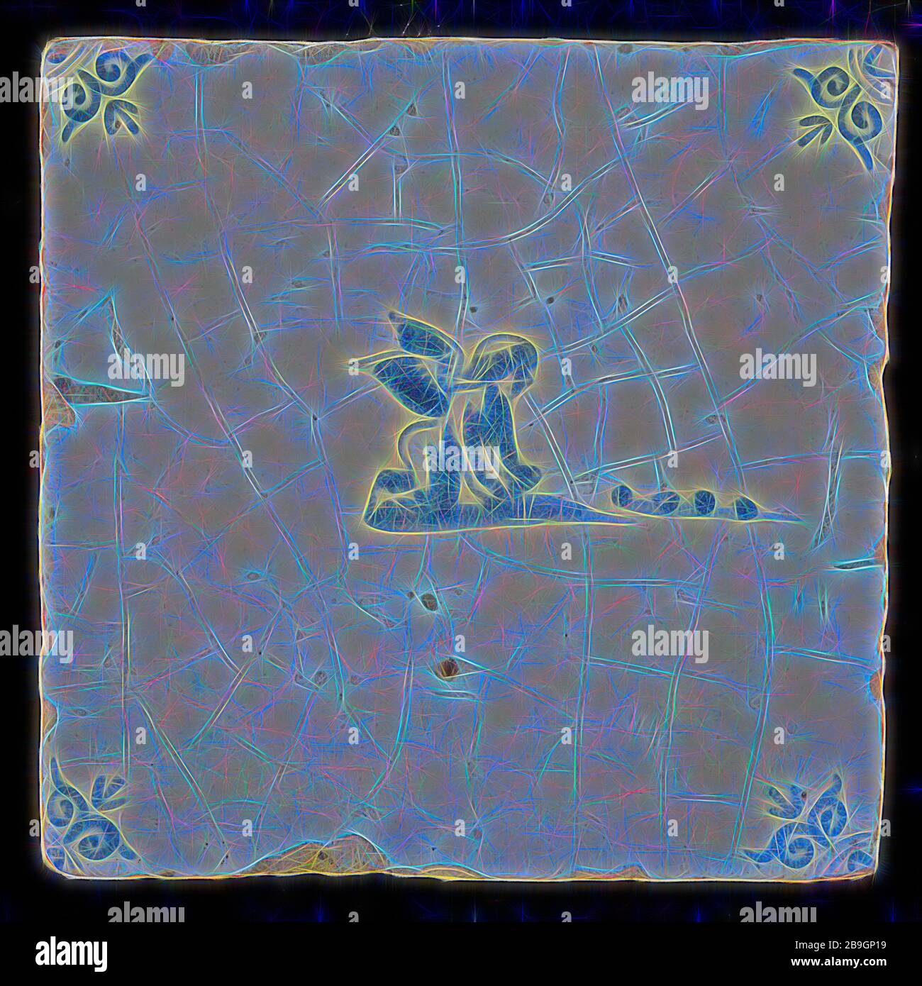 White tile with blue marbling putto; corner pattern ox head, wall tile ...