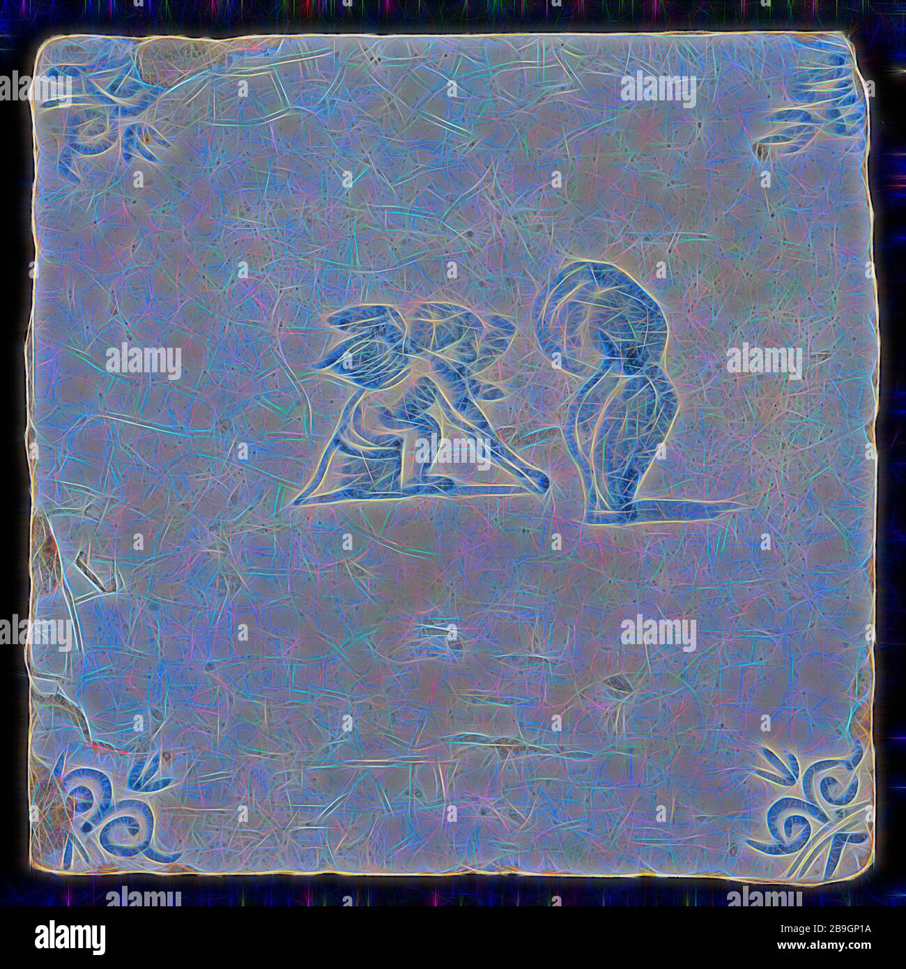 White tile with blue putto; corner pattern ox head, wall tile tile ...