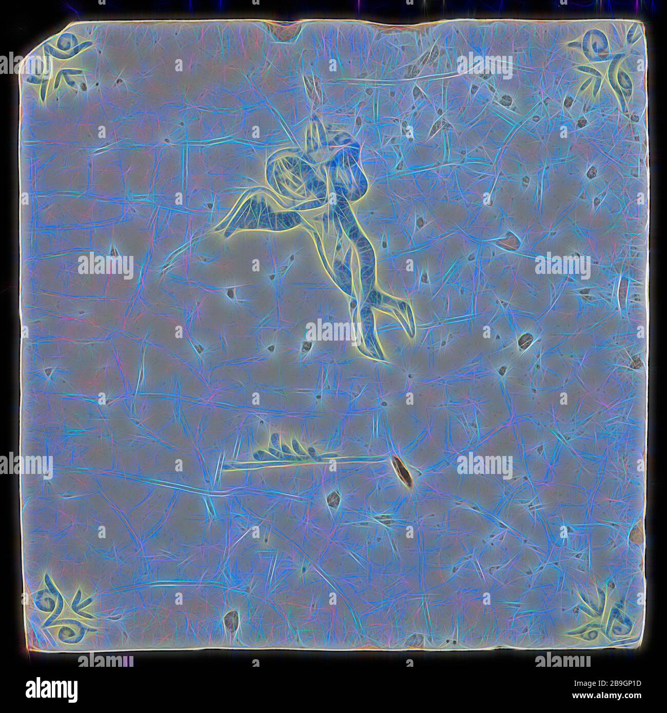 White tile with blue flying putto; corner pattern ox head, wall tile ...