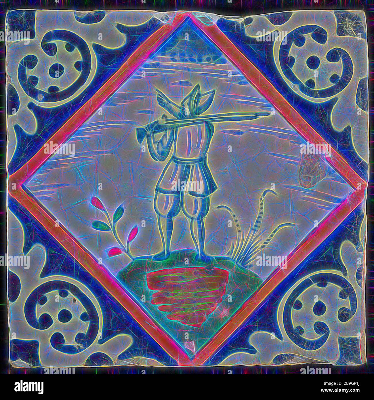 White tile with blue soldier with rifle on hill in yellow and green in ...