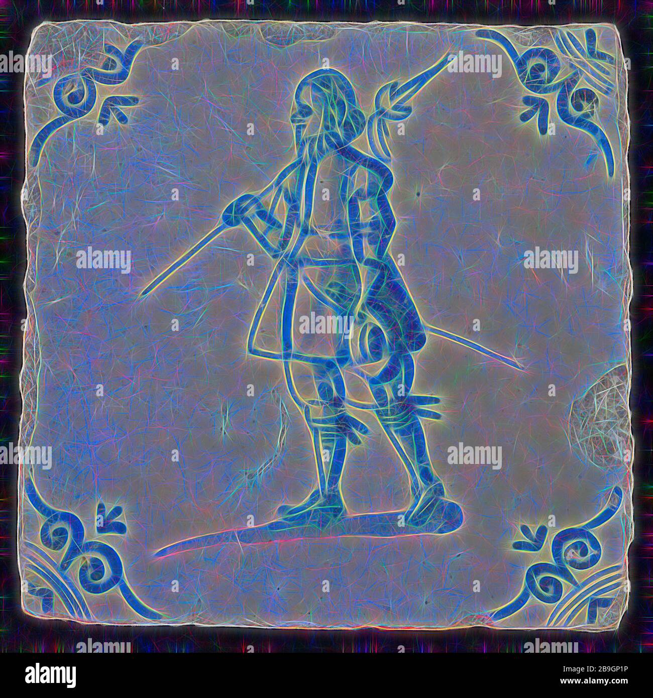 White tile with blue warrior with spear, sword and hat in hands; corner ...