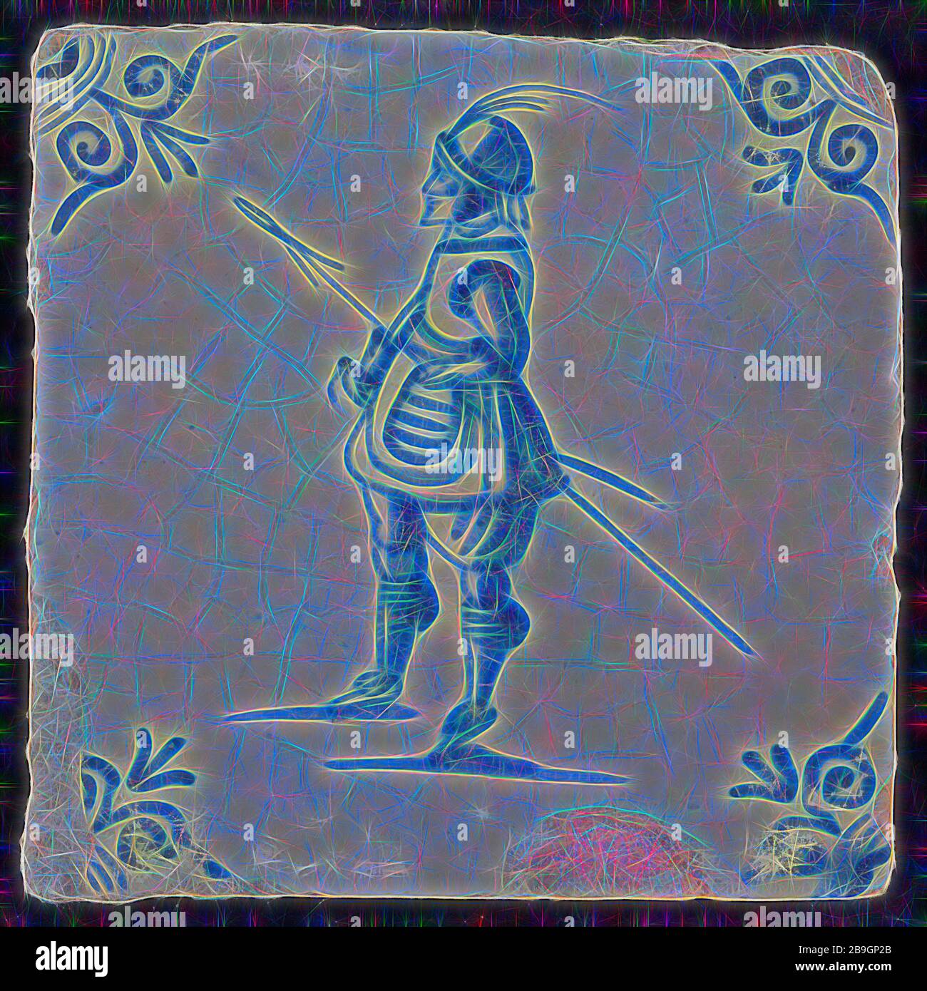 White tile with blue warrior with spear and helmet; corner pattern ox ...