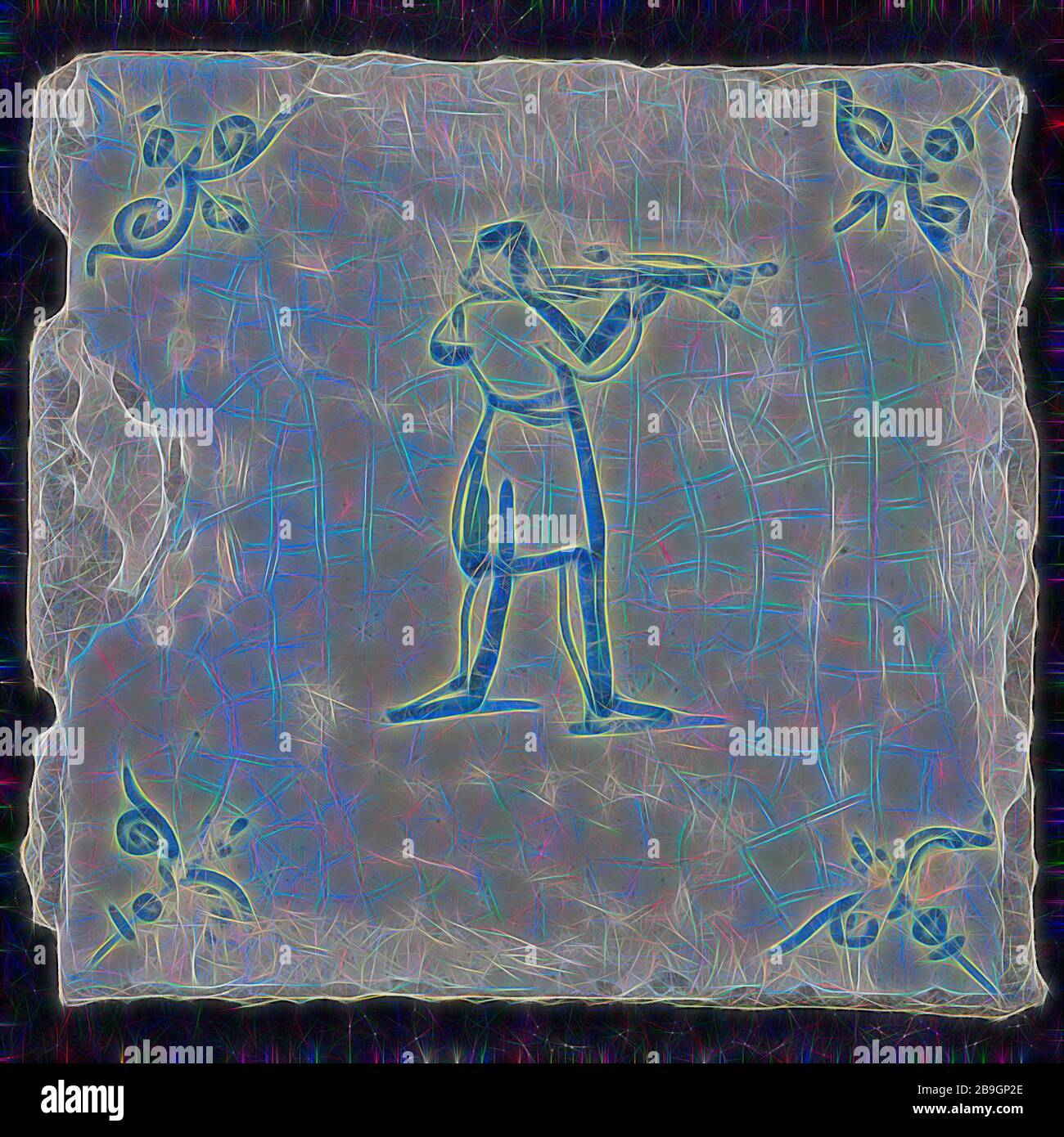 White tile with blue warrior shooting with crossbow; corner pattern ox ...