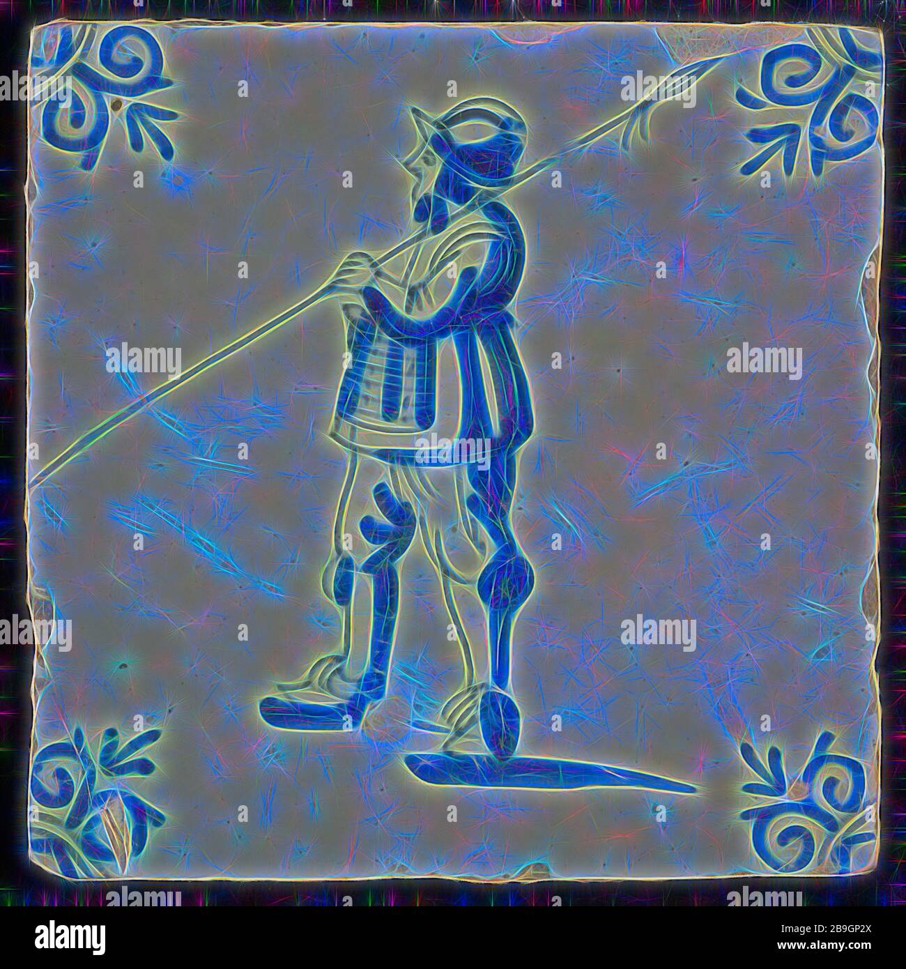 White tile with blue warrior with spear and helmet; corner pattern ox ...