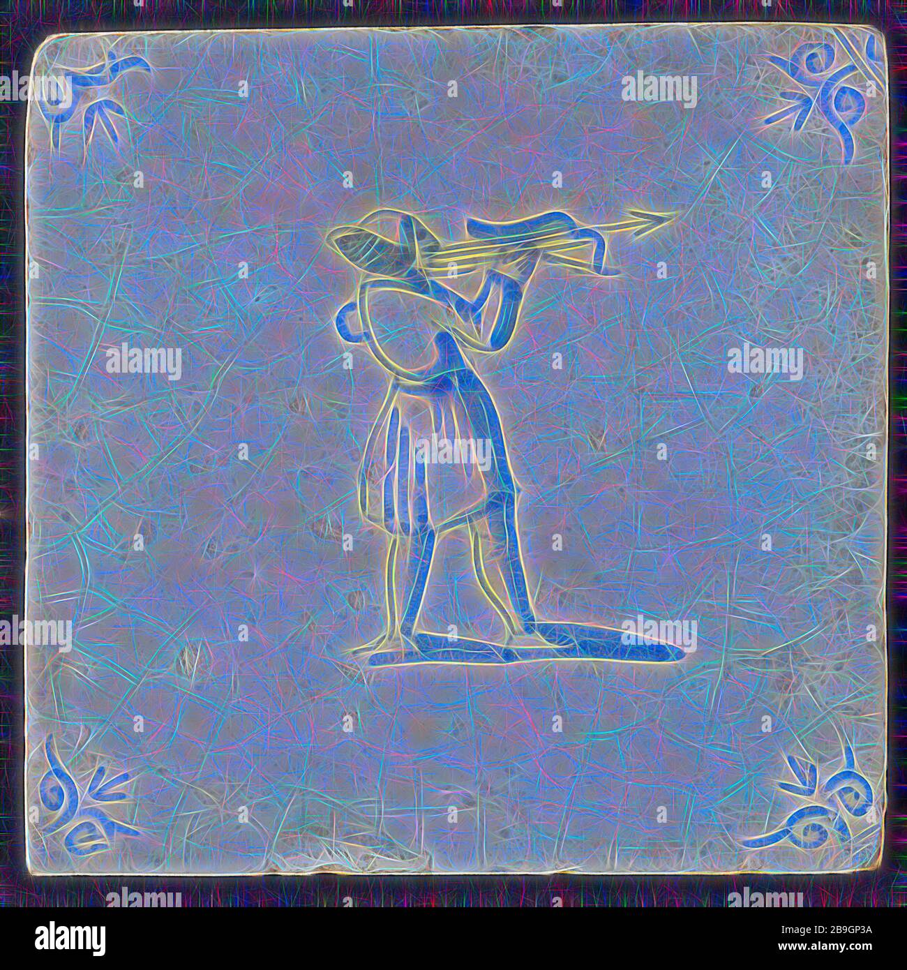 White tile with blue warrior with bow and arrow; corner pattern ox head ...
