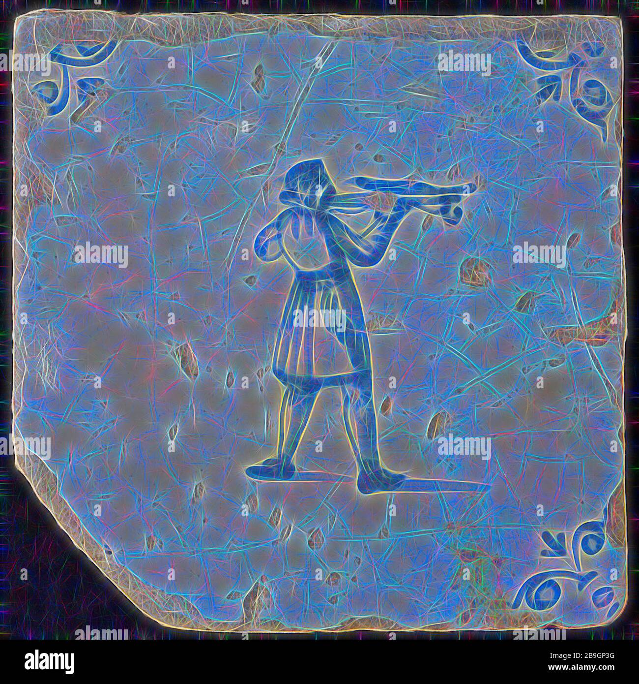 White tile with blue warrior shooting with crossbow; corner pattern ox ...