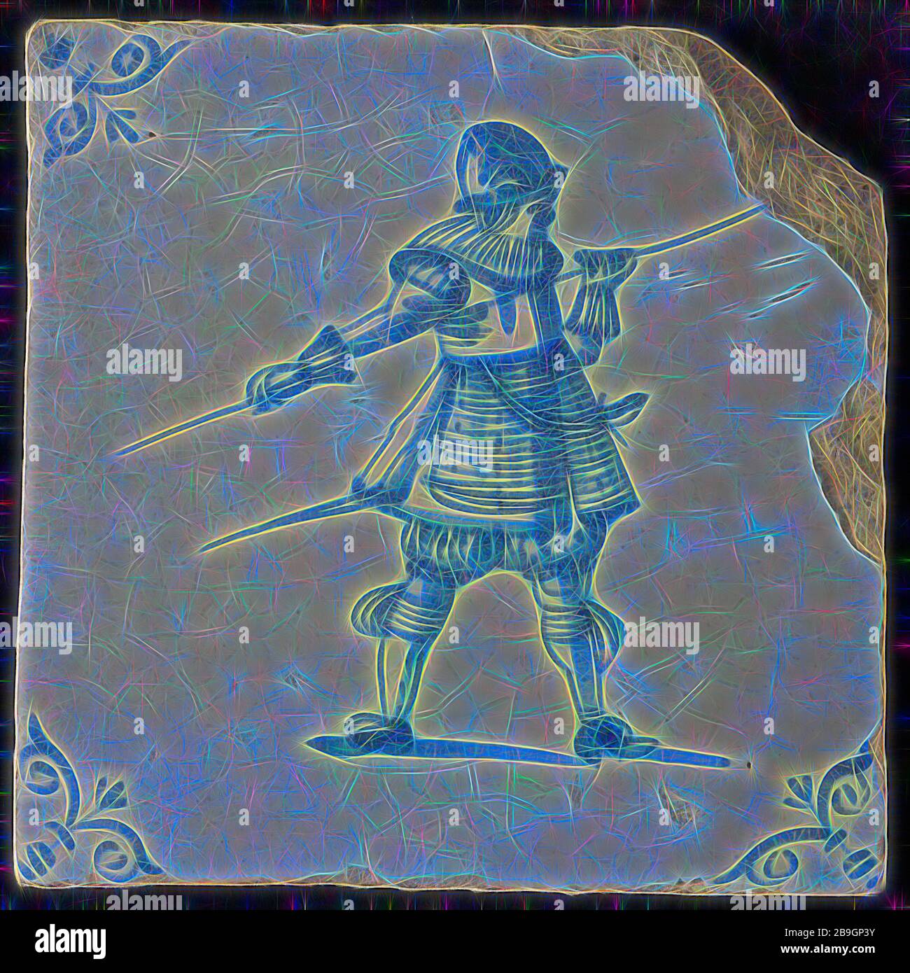 White tile with blue warrior with spear and helmet; corner pattern ox ...
