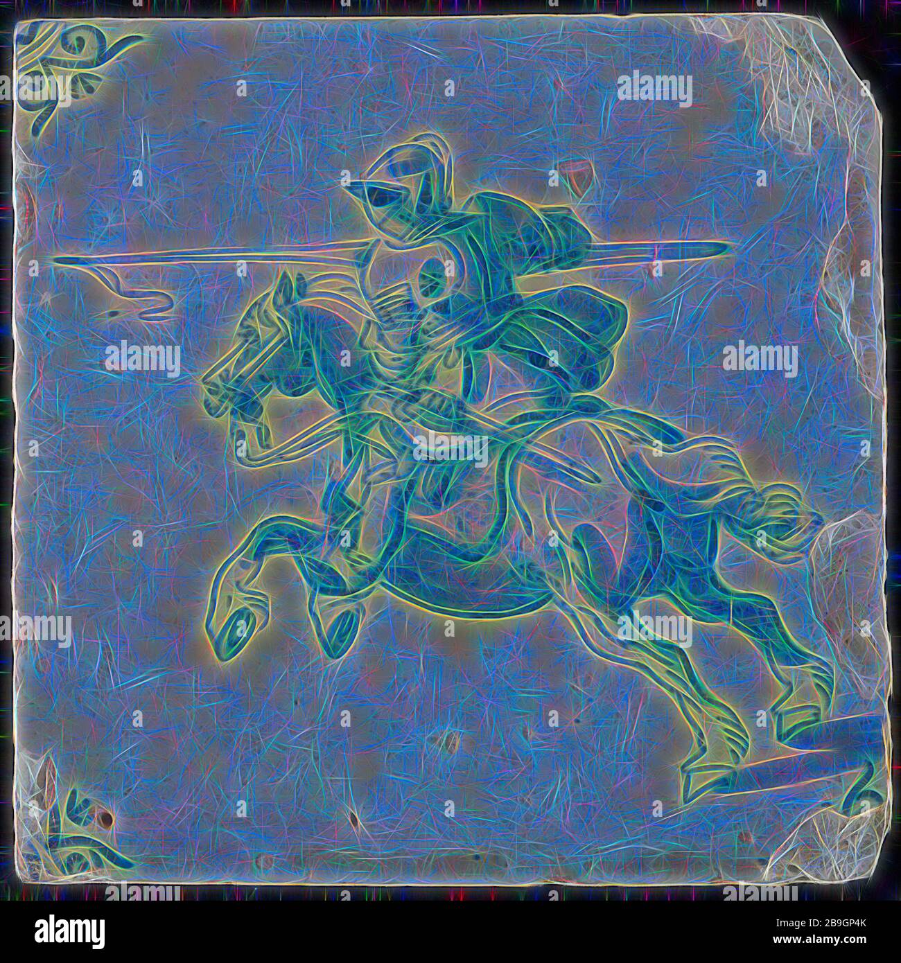White tile with blue horseman in armor with lance; corner pattern ox ...
