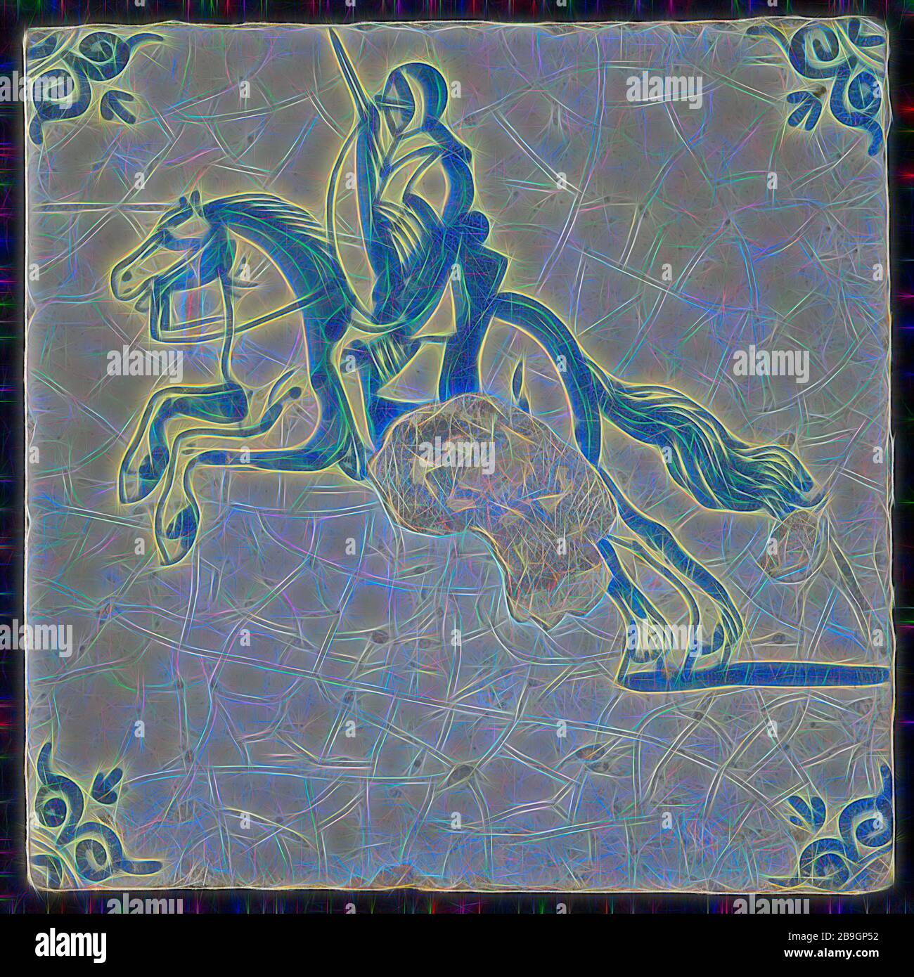 White tile with blue horseman with armor, shield and sword; corner ...