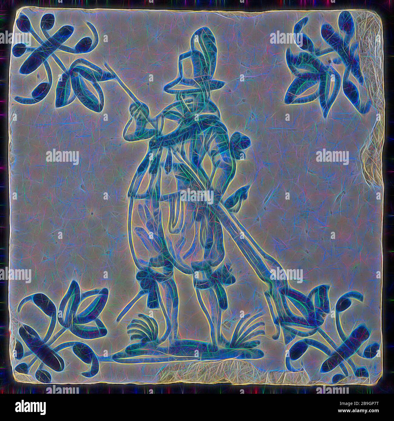 White tile with blue warrior, corner pattern lily, wall tile tile ...