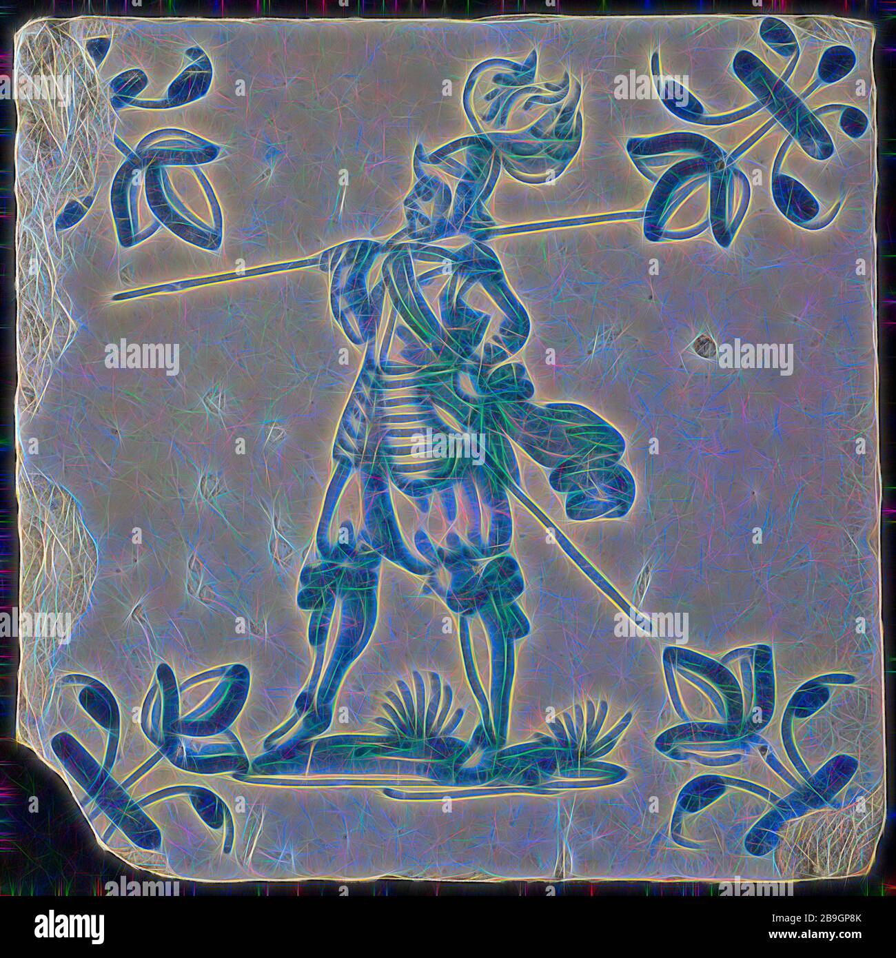 White tile with blue warrior, corner pattern lily, wall tile tile ...