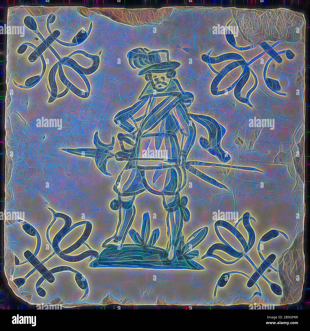 White tile with blue warrior, corner pattern lily, wall tile tile ...