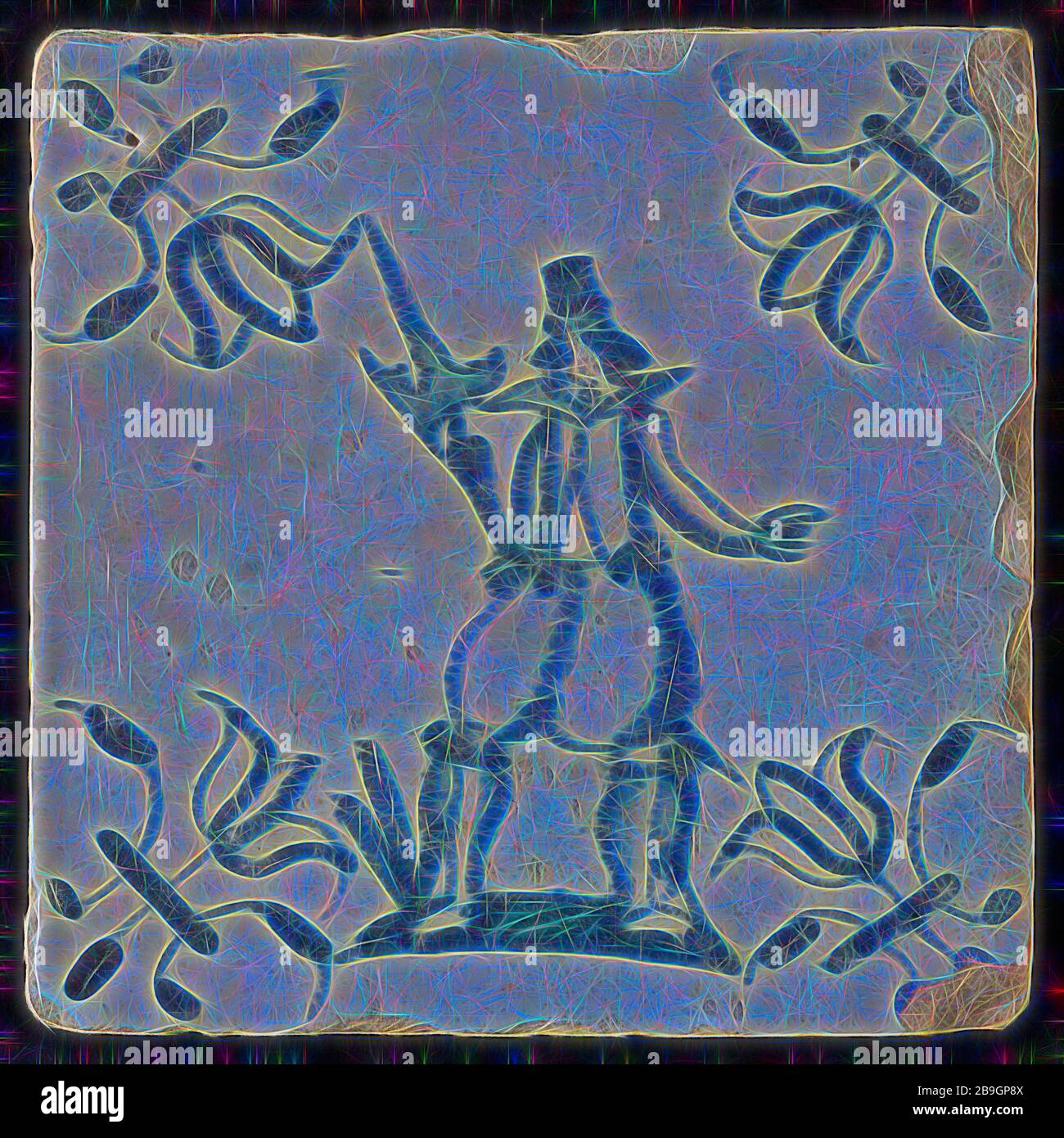 White tile with blue warrior, corner pattern lily, wall tile tile ...