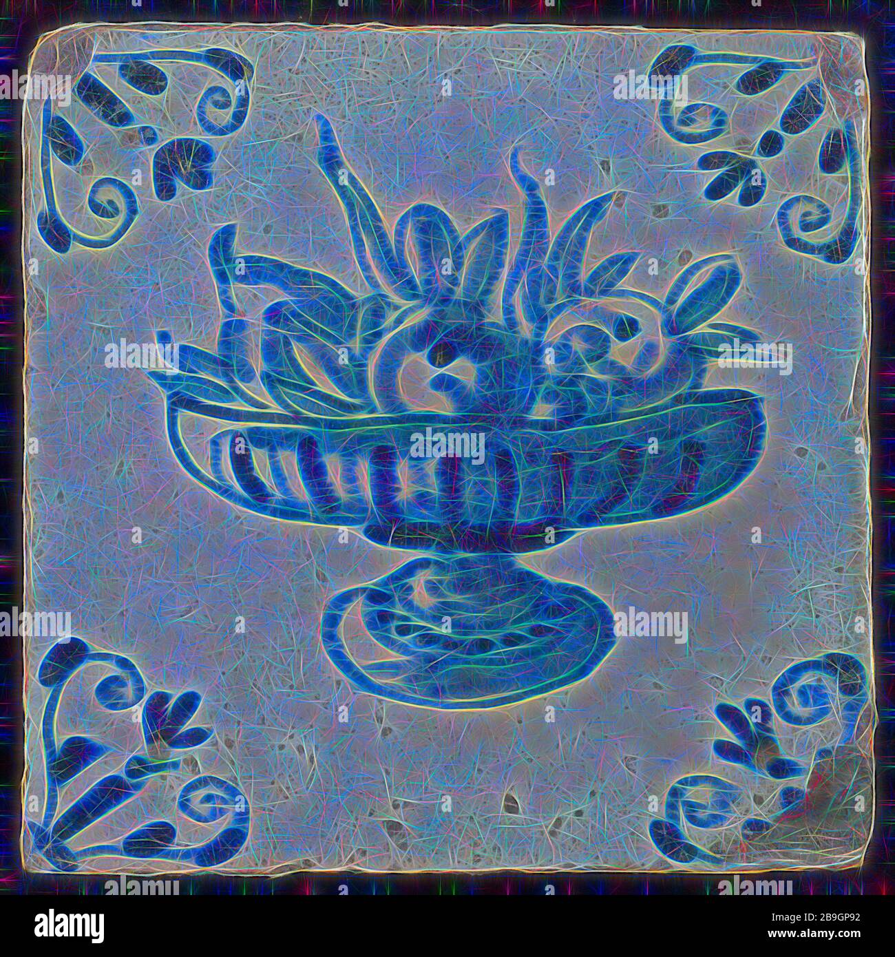 White tile with blue fruit bowl, corner pattern volute, wall tile tile ...