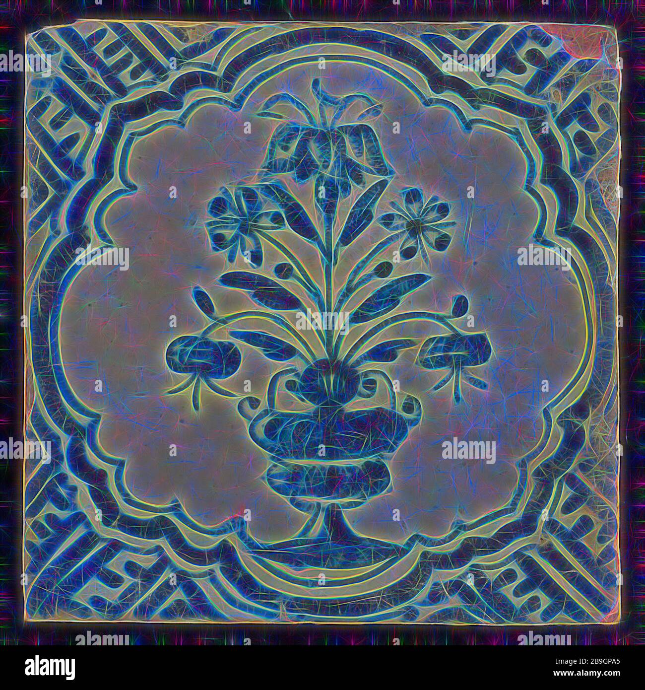 White tile with blue pot with flowers in braid-shaped frame, corner ...