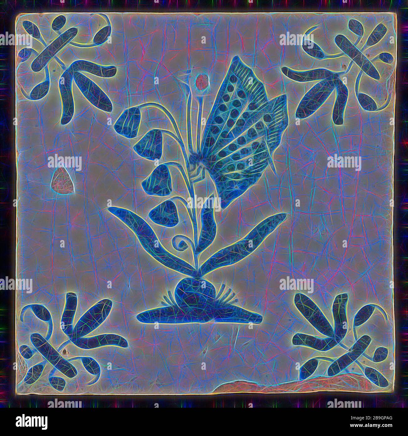 White tile with blue lily-of-the-valley with butterfly; corner pattern ...