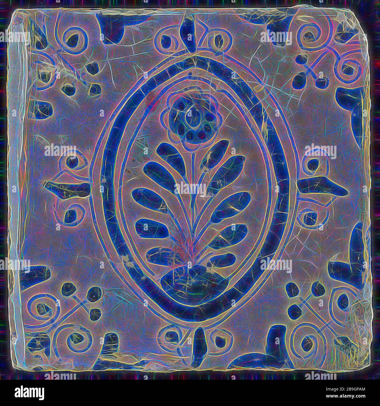 White tile with in blue flower in oval frame; corner motif triptych ...