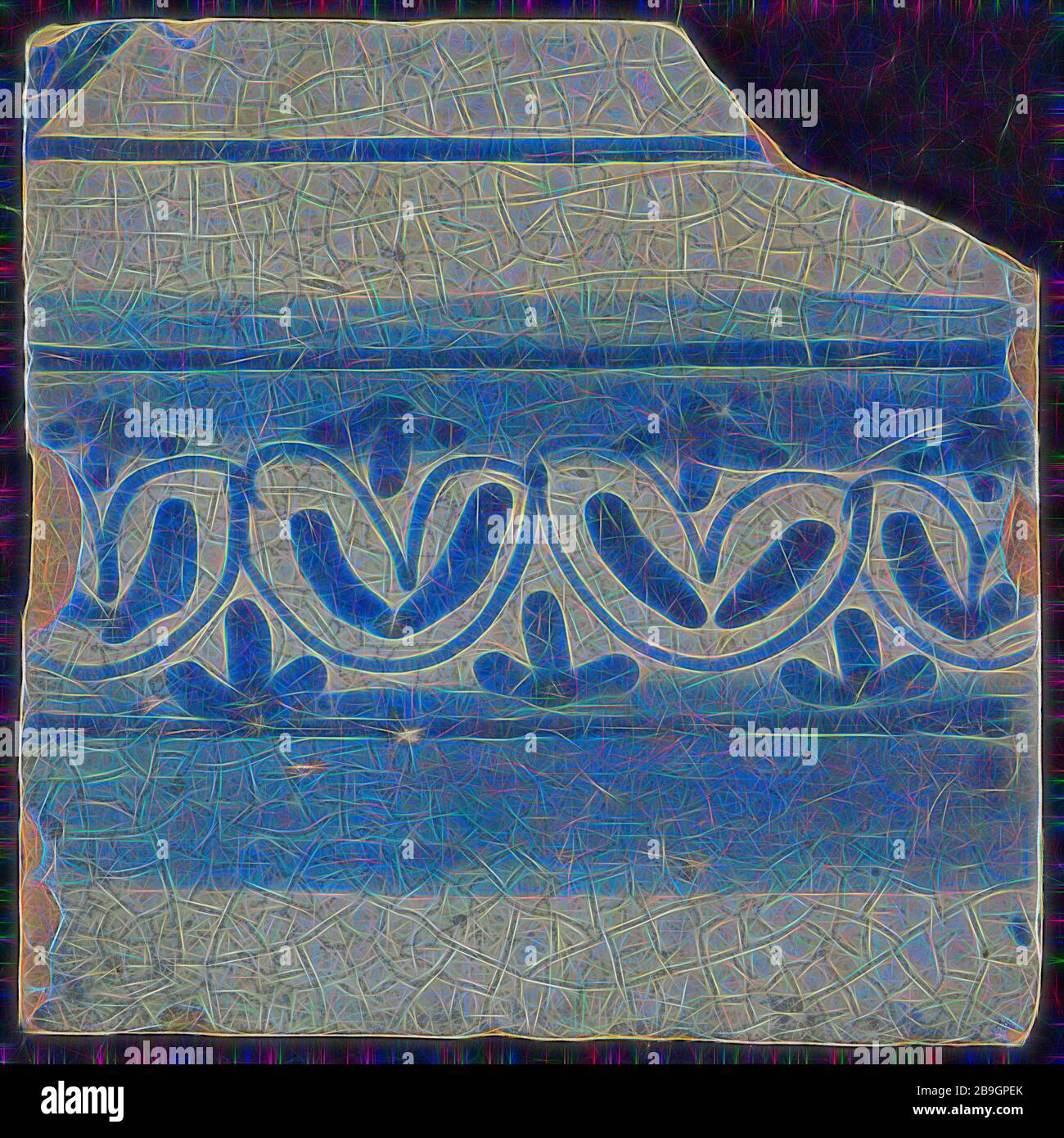 Tile of chimney pilaster, blue on white, blue horizontal band with leaf ...