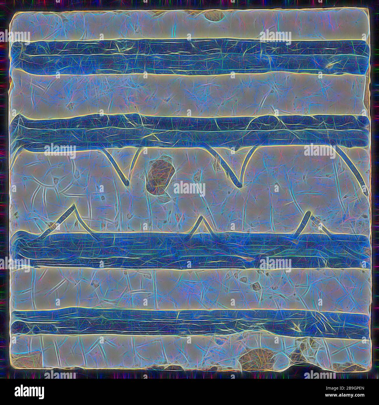 Tile of chimney pilaster, blue on white, blue horizontal band with wave ...