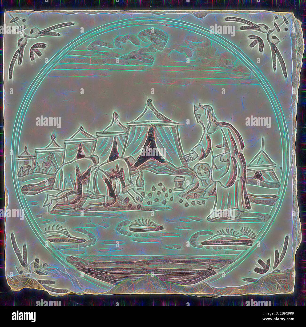 Scene tile, horned Moses with three men picking up manna, corner ...