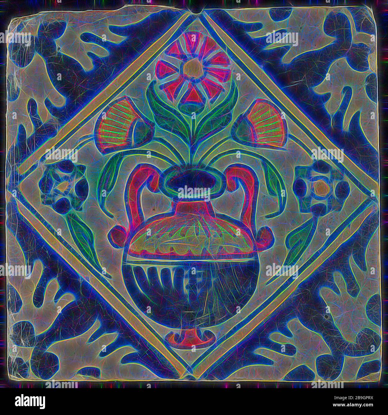 Tile, orange, brown, green, and blue on white, flowerpot in square ...
