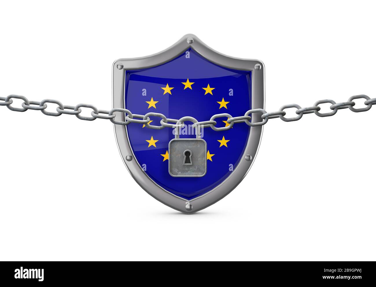 European Union lockdown concept. Shield with lock and chain. 3D Render ...