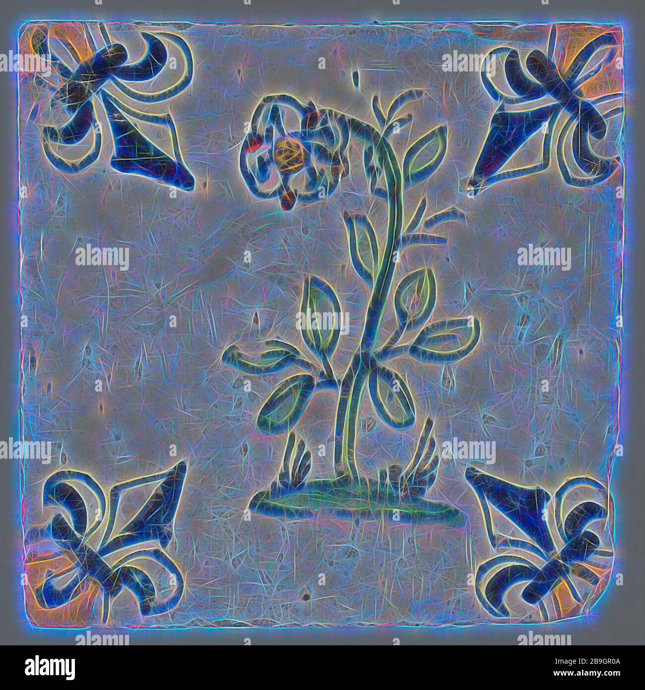 Tile, flower on ground in yellow, brown, green and blue on white ...
