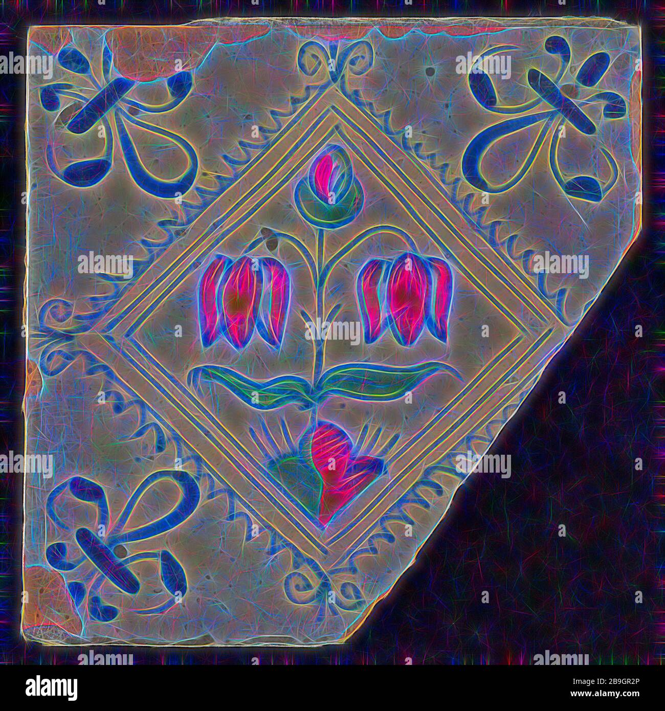 Tile, double flower on ground in orange, green and blue on white ...