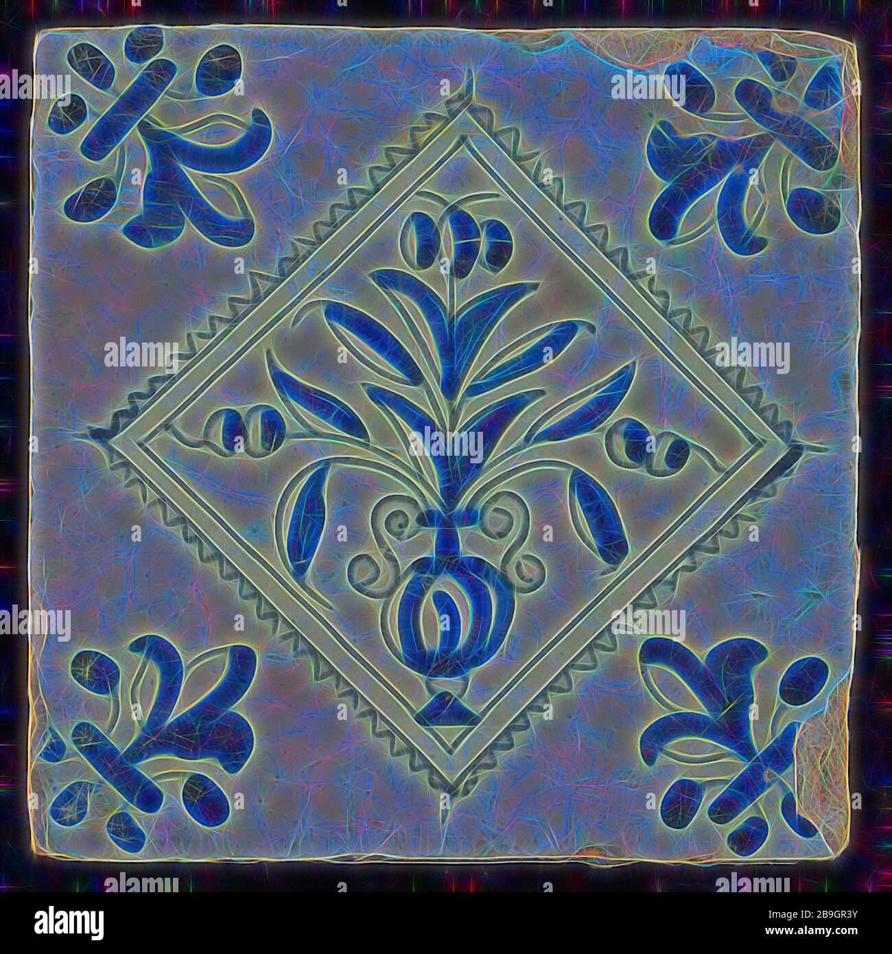 Tile, flower pot in blue on white, inside serrated square, corner ...