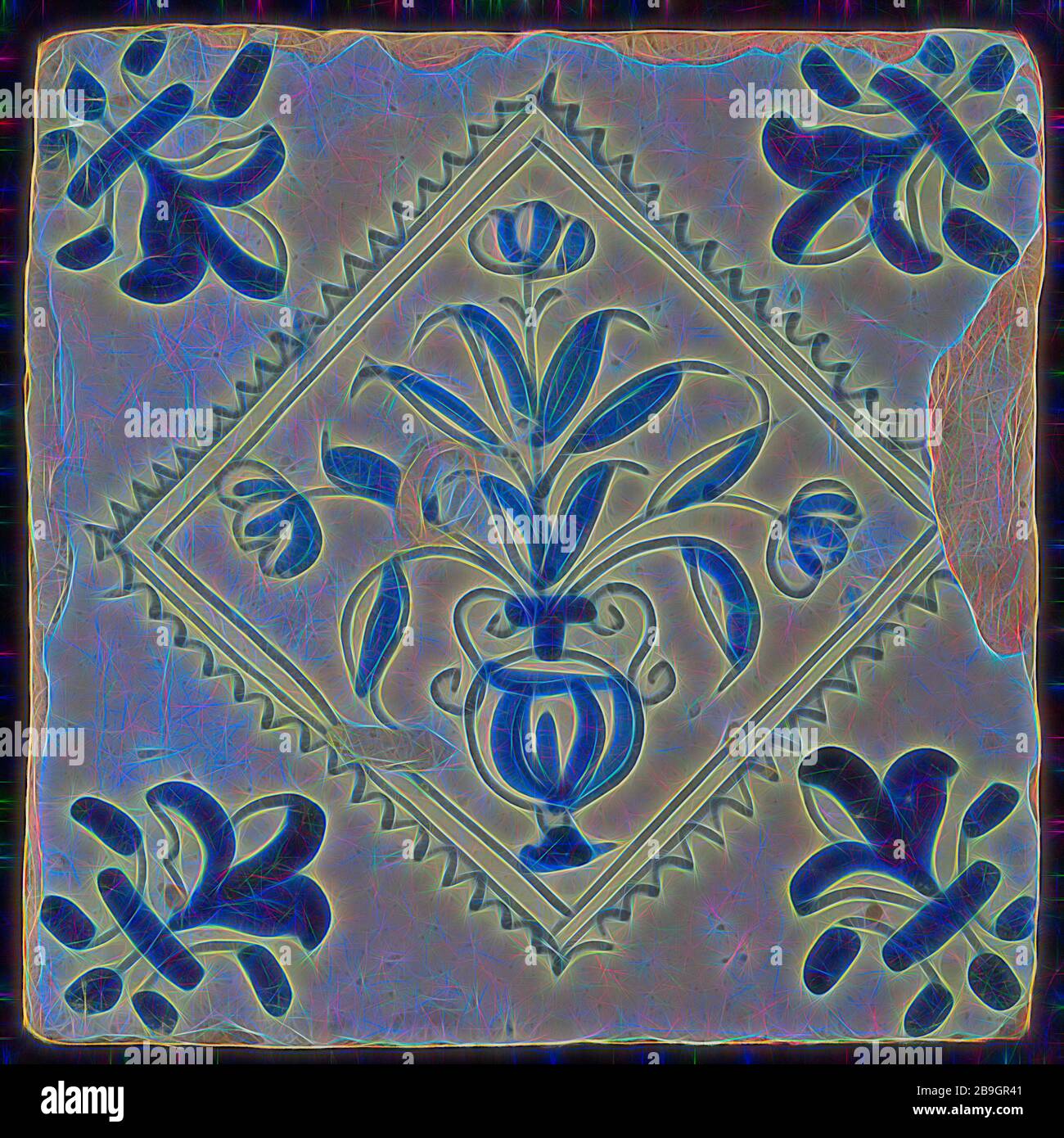 Tile, flower pot in blue on white, inside serrated squared, corner ...