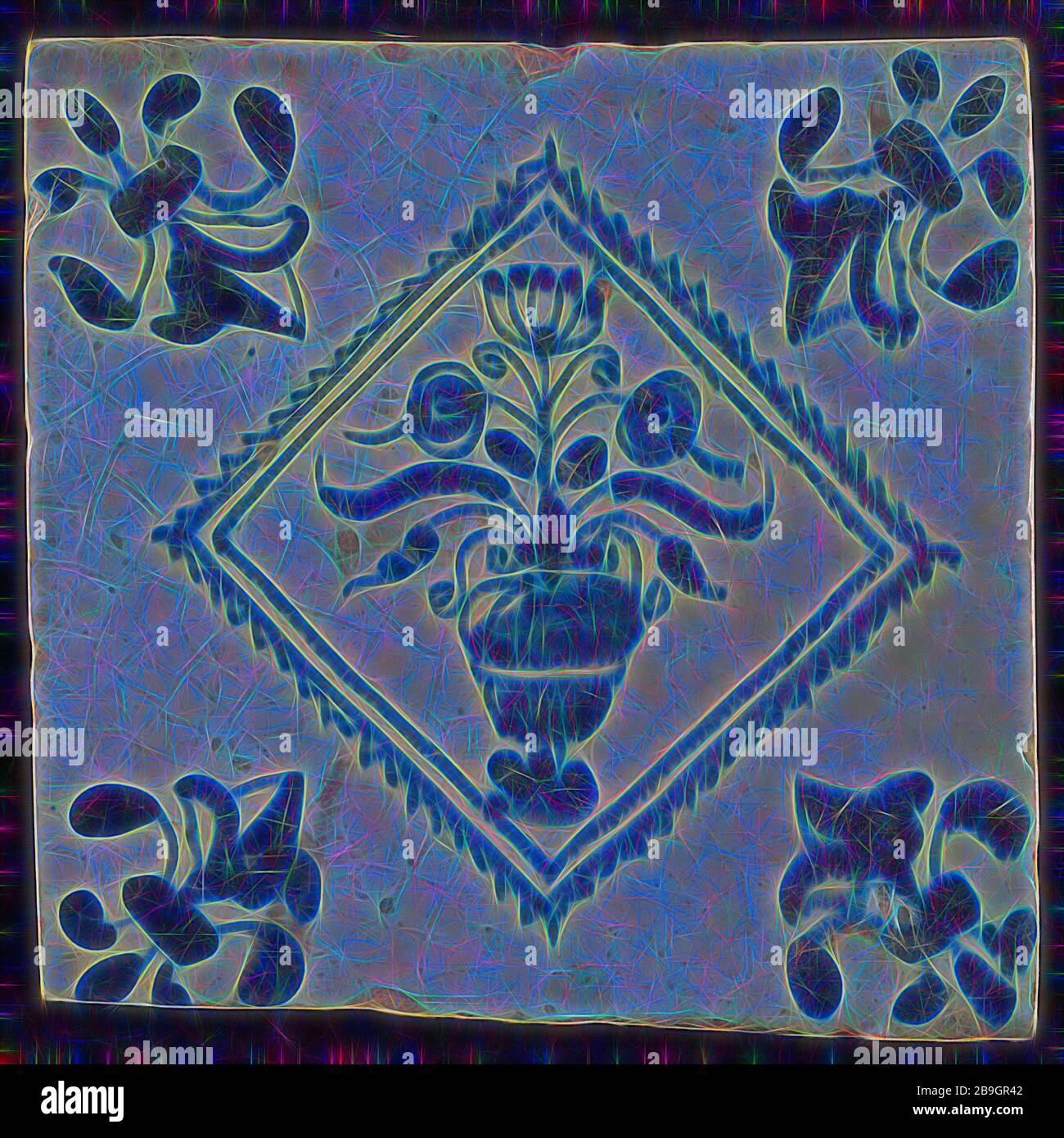 Tile, flower pot in blue on white, inside serrated squared, corner ...