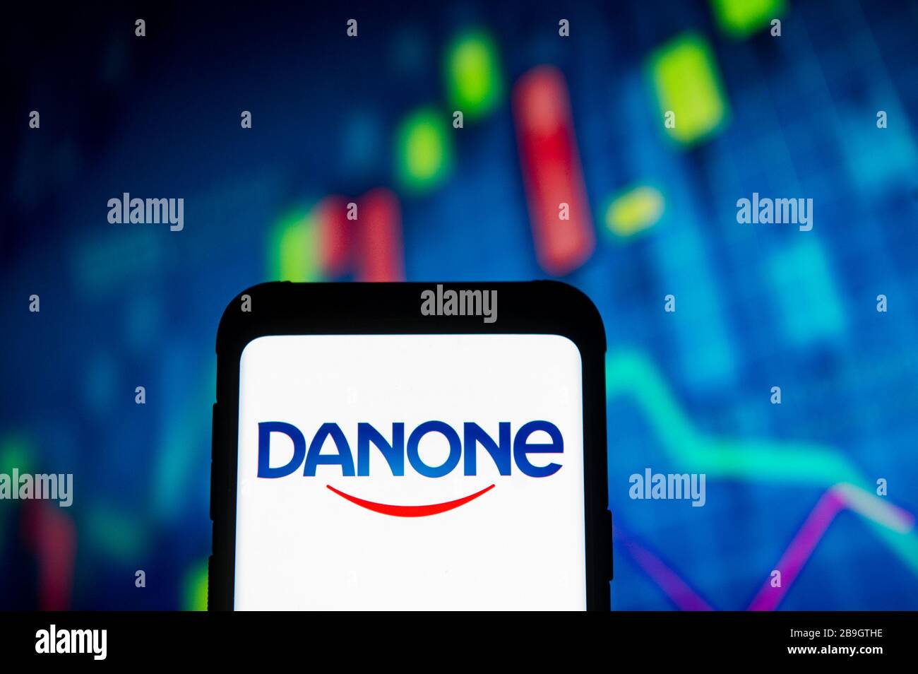 March 23, 2020, Poland: In this photo illustration a Danone logo seen ...